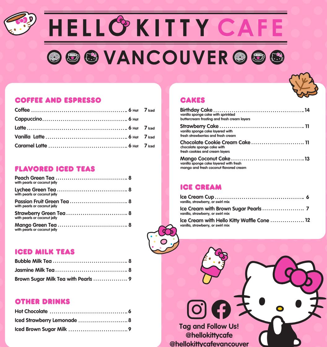 NOW OPEN HELLO KITTY CAFE ROBSON STREET MENU BUBBLE TEA COFFEE ...